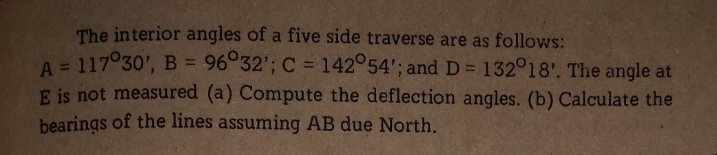 Solved The interior angles of a five side traverse are as | Chegg.com