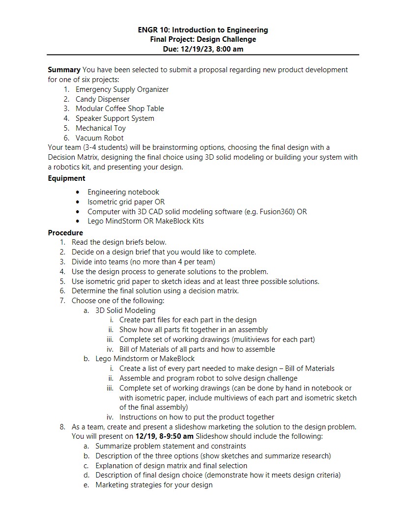 ENGR 10: Introduction to Engineering Final Project: | Chegg.com