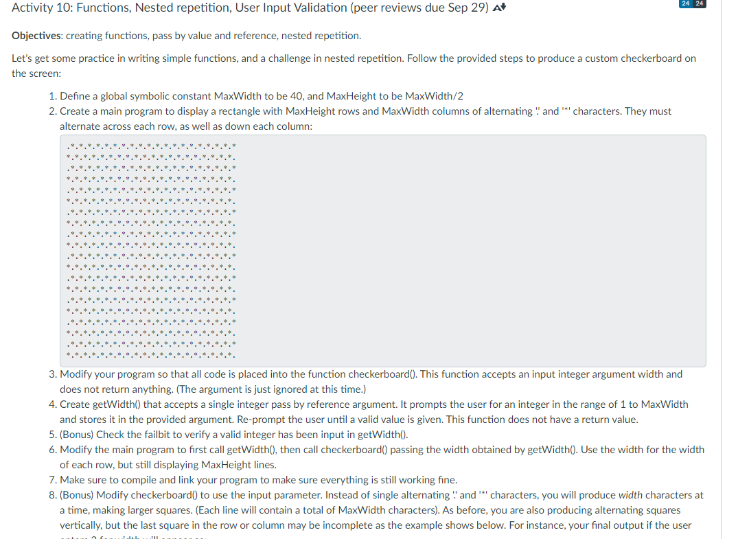 Solved 24 24 Activity 10: Functions, Nested repetition, User | Chegg.com