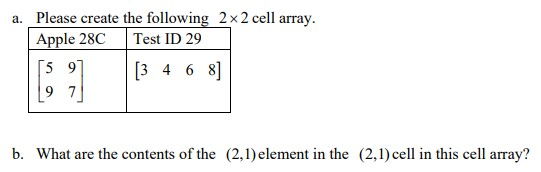 Solved Please create the following 2x2 cell array a. Test ID | Chegg.com