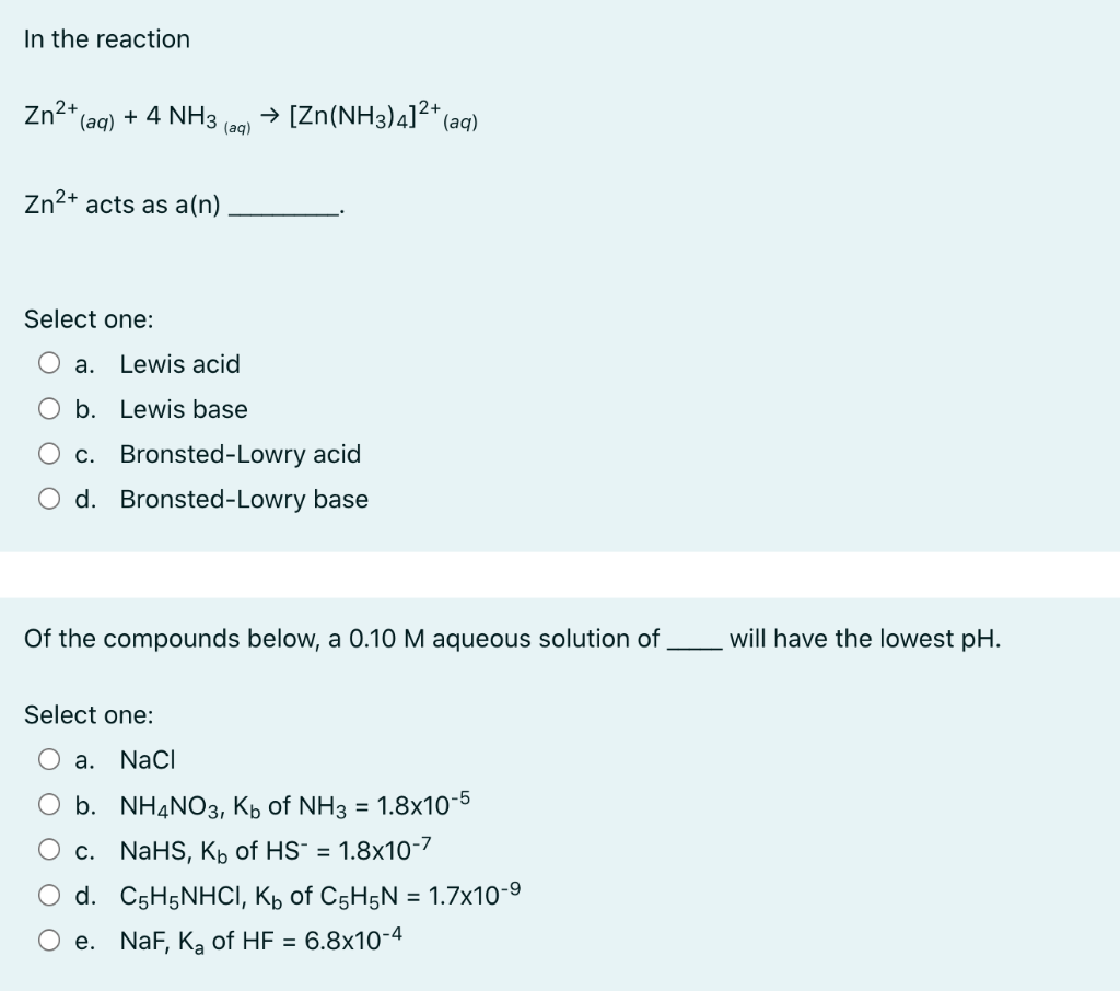 Solved In the reaction Zn2+ (aq) + 4 NH3 → [Zn(NH3)4]2+(aq) | Chegg.com
