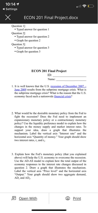 10:14イ Settings X ECON 201 Final Project.docx Typed | Chegg.com