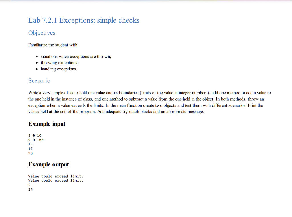 Solved Lab 7.2.1 Exceptions: simple checks Objectives | Chegg.com