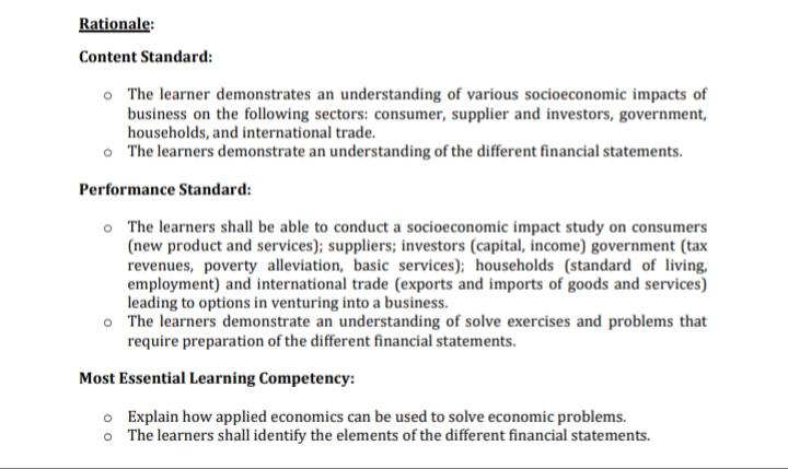 Solved Rationale: Content Standard: The learner demonstrates | Chegg.com