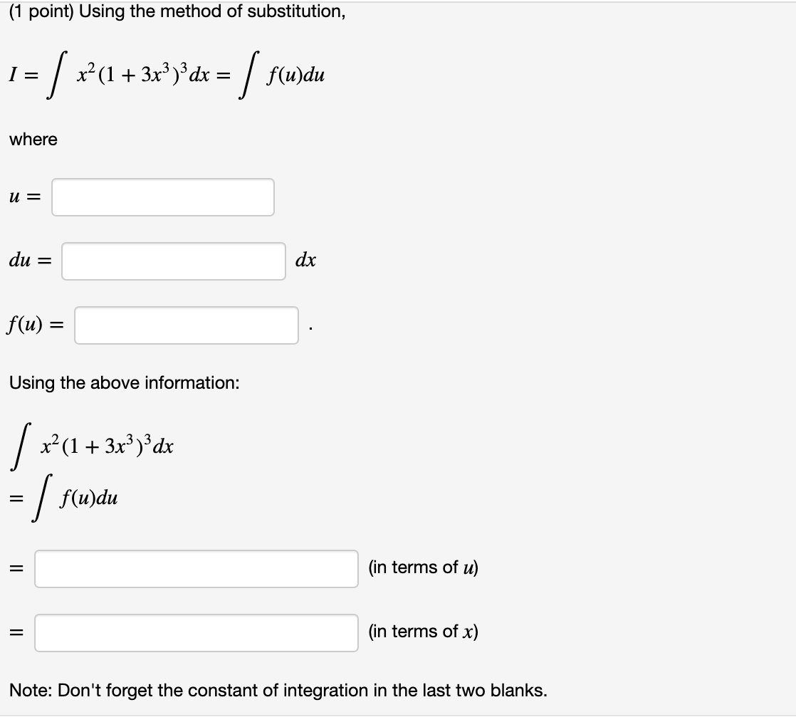 Solved (1 point) Using the method of substitution, 1= / +4 | Chegg.com