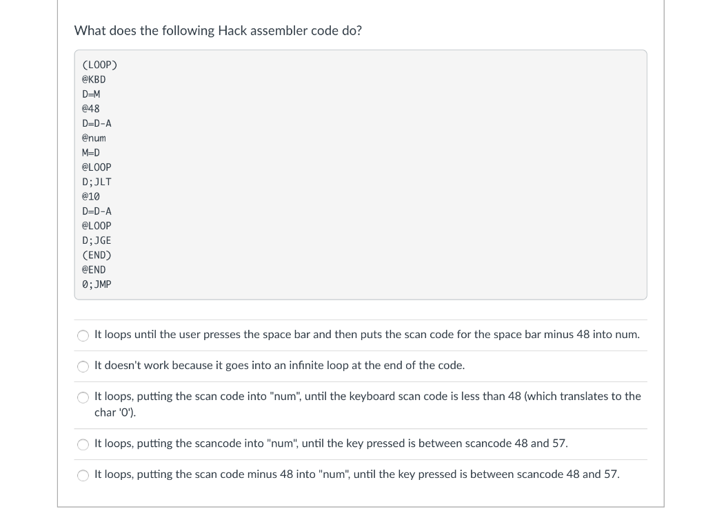 Solved What does the following Hack assembler code do? | Chegg.com