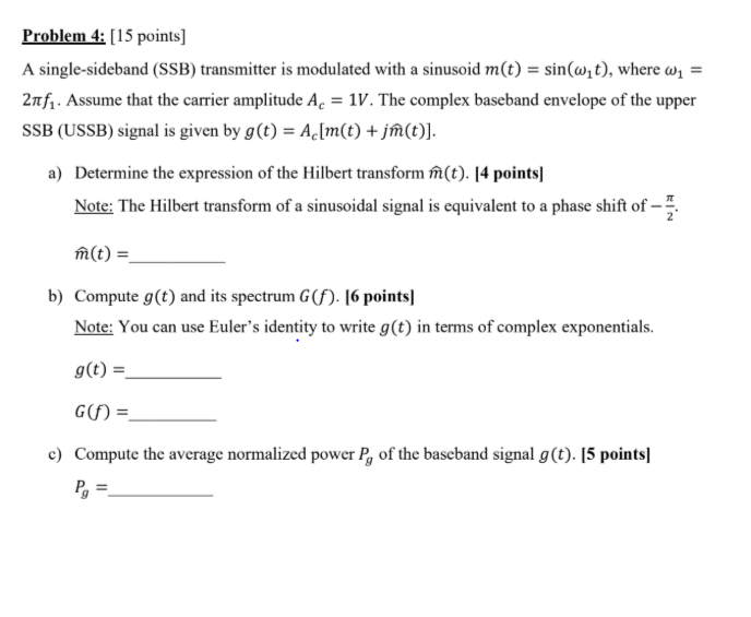 Solved Problem 4: [15 points) A single-sideband (SSB) | Chegg.com