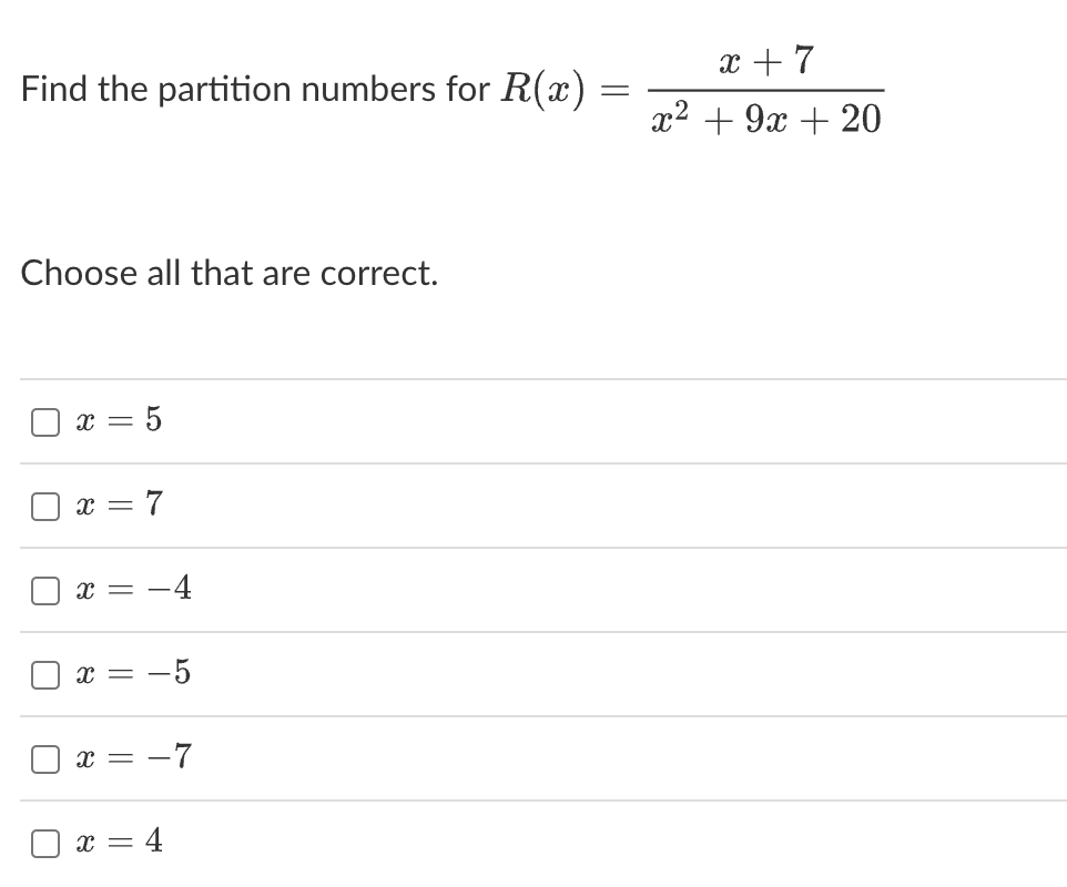Solved Find the partition numbers for R(x)=x2+9x+20x+7 | Chegg.com