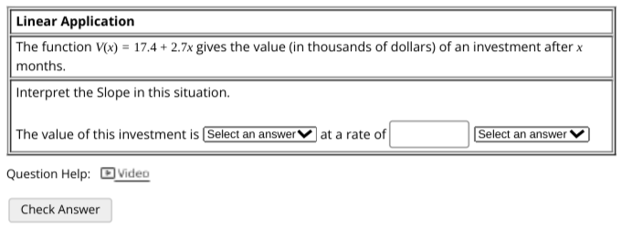 Solved Linear Application The function V(x)=17.4+2.7x gives | Chegg.com