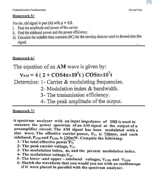 Solved Communication Fundamentals Second Yeur Homework 5/1 | Chegg.com