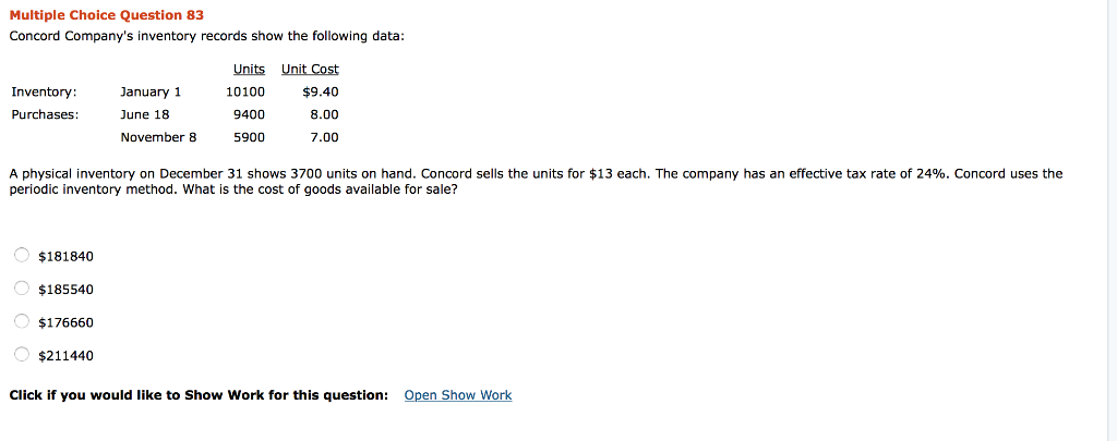 Solved Multiple Choice Question 83 Concord Company's | Chegg.com Solved Multiple Choice Question 83 Concord Company's | Chegg.com