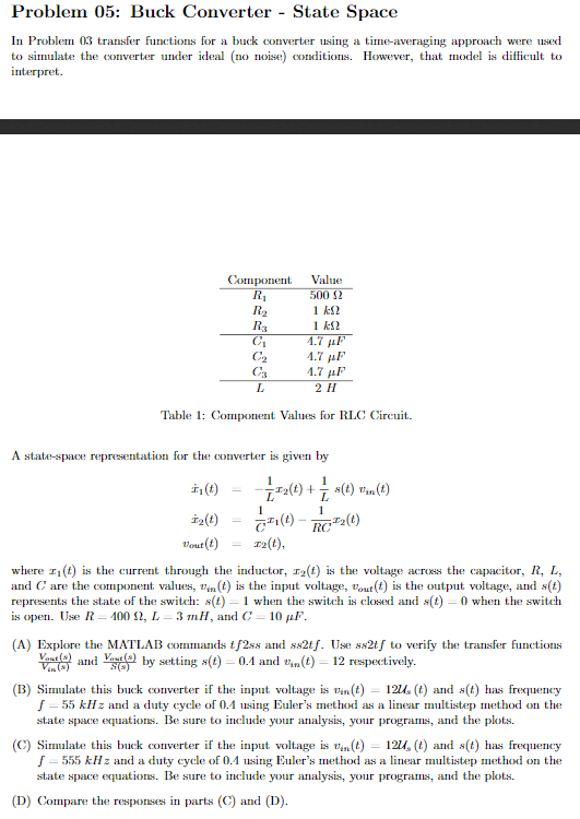 Problem 05: Buck Converter - State Space In Problem | Chegg.com