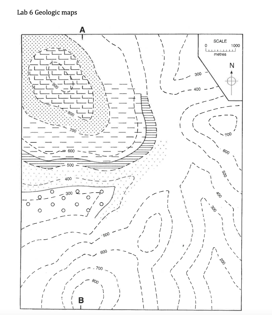 Solved Lab 6 Geologic maps SCALE 0 1000 metres N 300 800 L | Chegg.com
