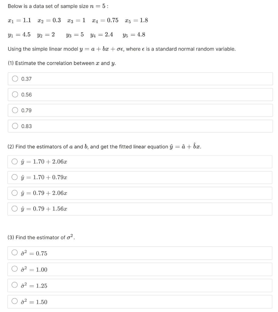 Solved Below is a data set of sample size n=5: Xi = 1.1 x2 = | Chegg.com