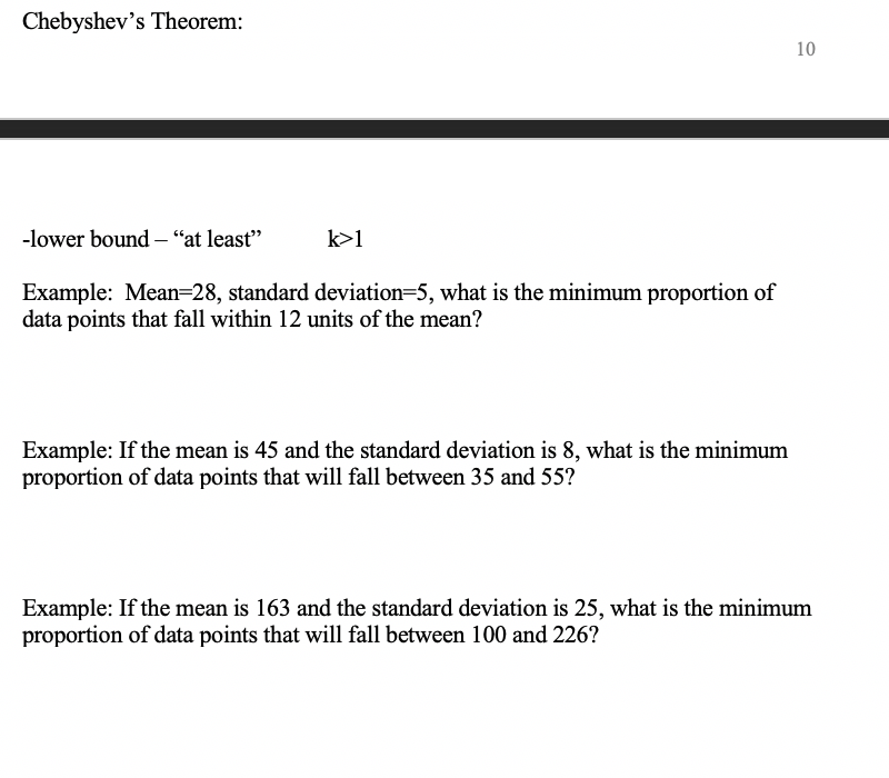 Solved Chebyshev's Theorem 10 -lower bound-"at leas" k>1 | Chegg.com