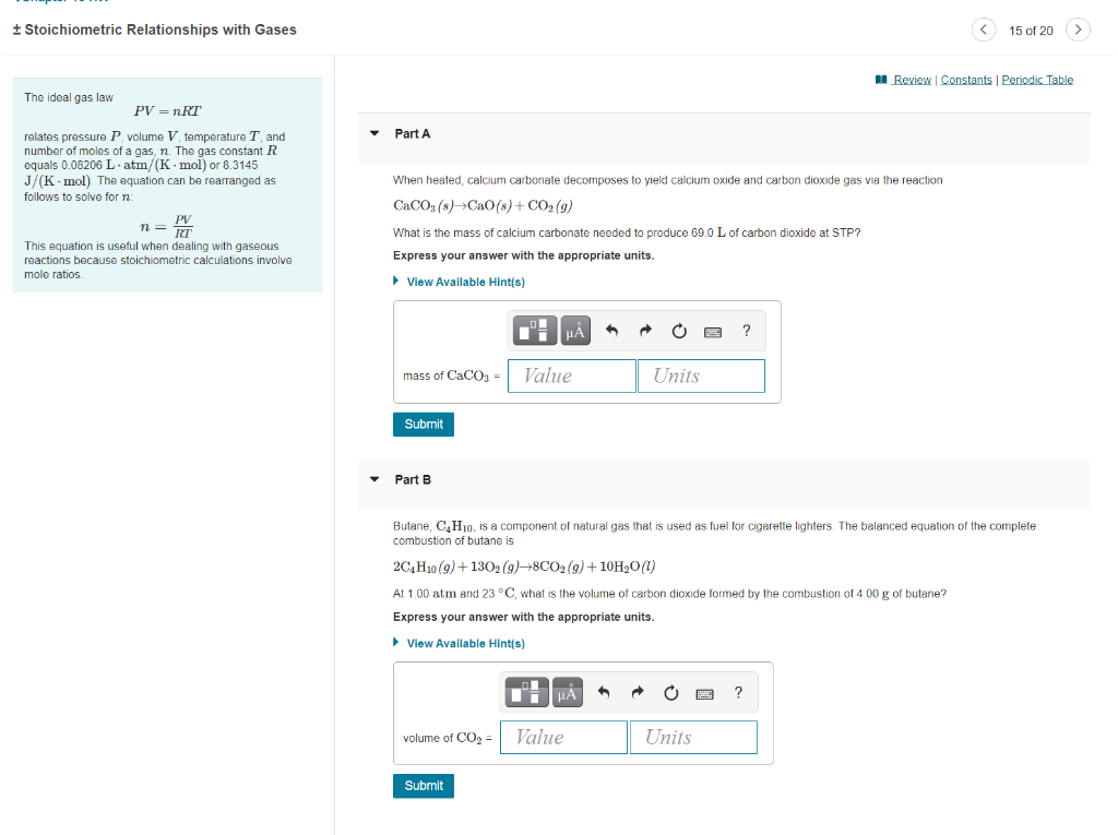 Solved + Stoichiometric Relationships with Gases 15 of 20 > | Chegg.com