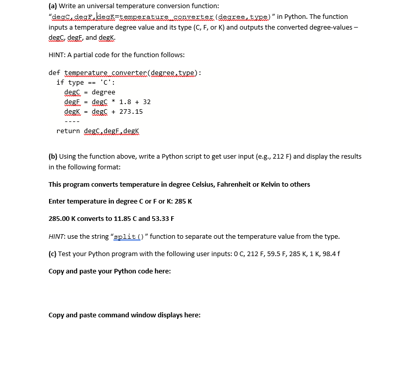Solved (a) Write an universal temperature conversion | Chegg.com