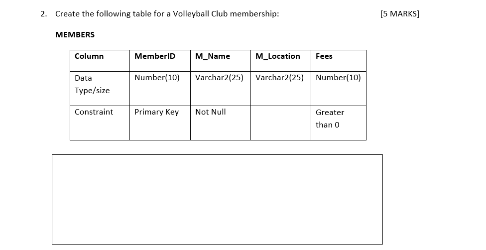 Solved 2. Create the following table for a Volleyball Club | Chegg.com
