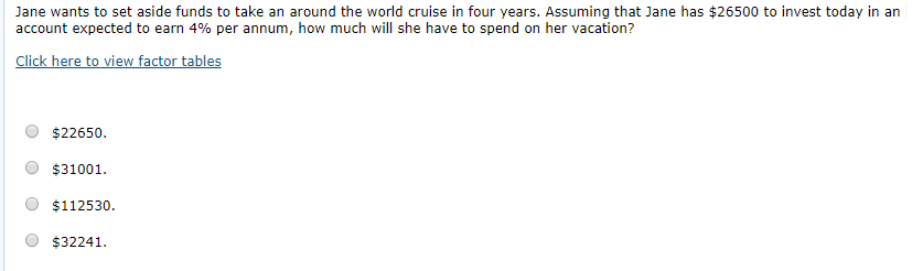 Solved Jane wants to set aside funds to take an around the | Chegg.com