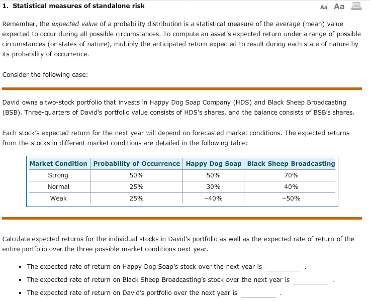 Solved 1. Statistical measures of standalone risk Aa Aa E | Chegg.com