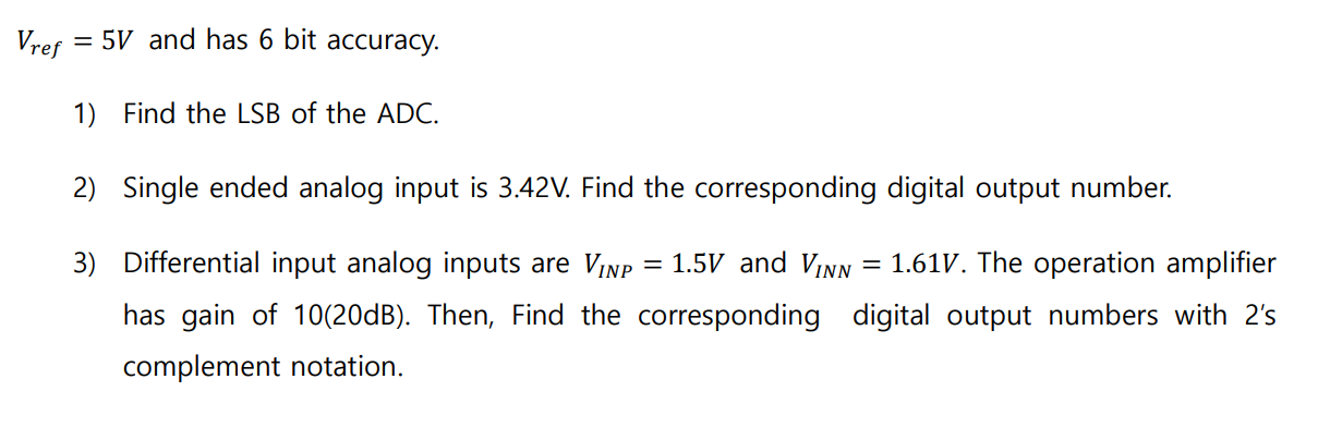 Solved Vref = 5V and has 6 bit accuracy. 1) Find the LSB of | Chegg.com