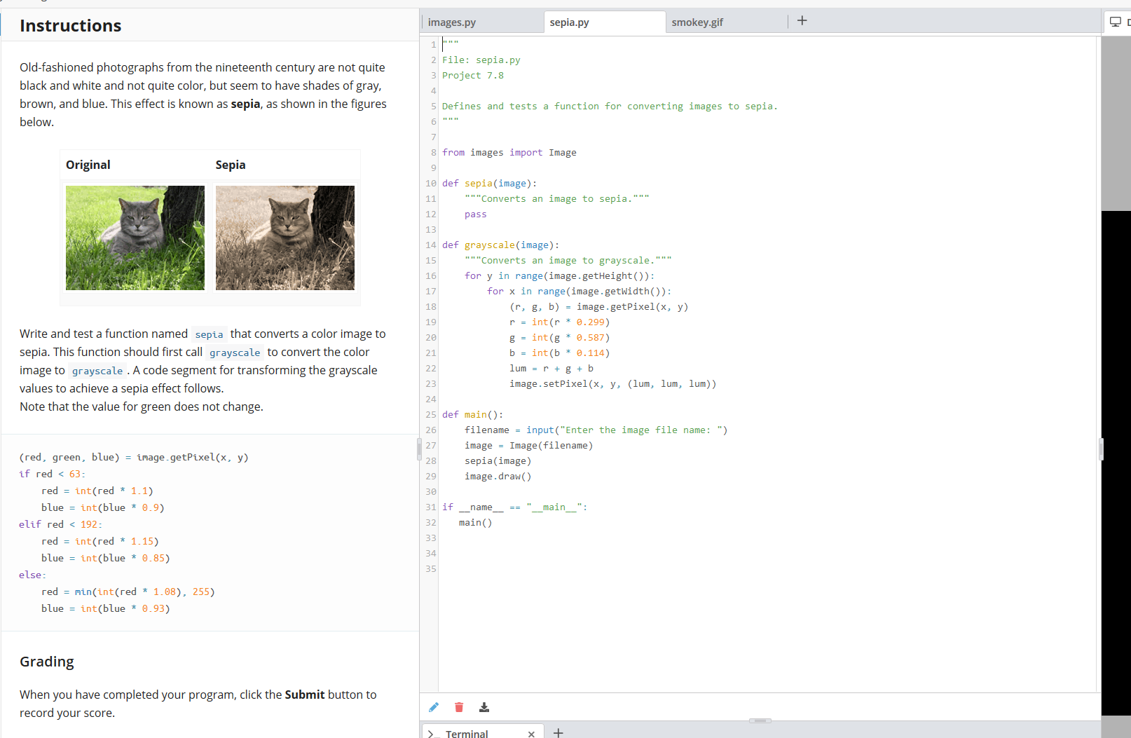 Solved Instructions images.py sepia.py smokey.gif | Chegg.com