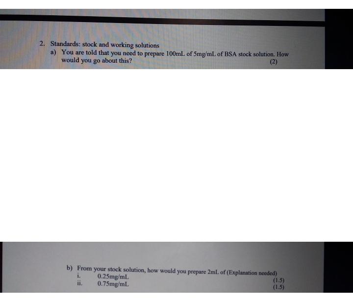 Solved 2. Standards: stock and working solutions a) You are | Chegg.com