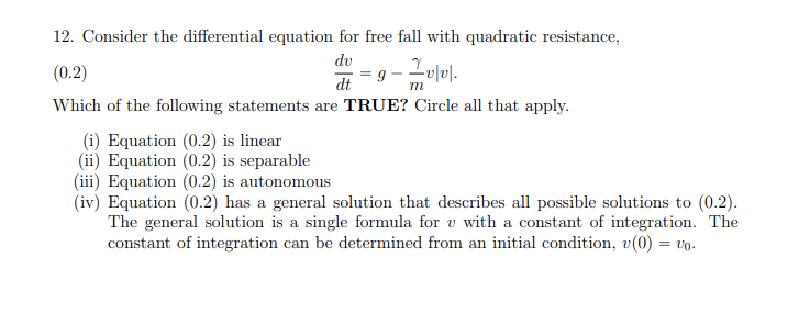 Solved 12. Consider the differential equation for free fall | Chegg.com