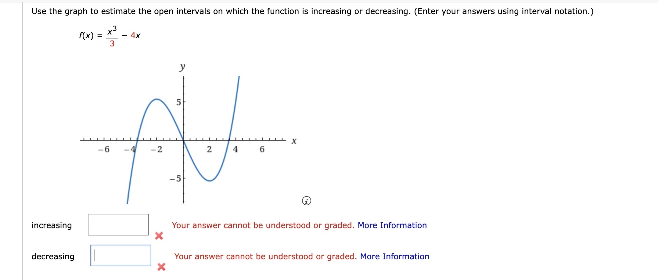 Solved f(x)=3x3−4x increasing decreasing Your answer cannot | Chegg.com