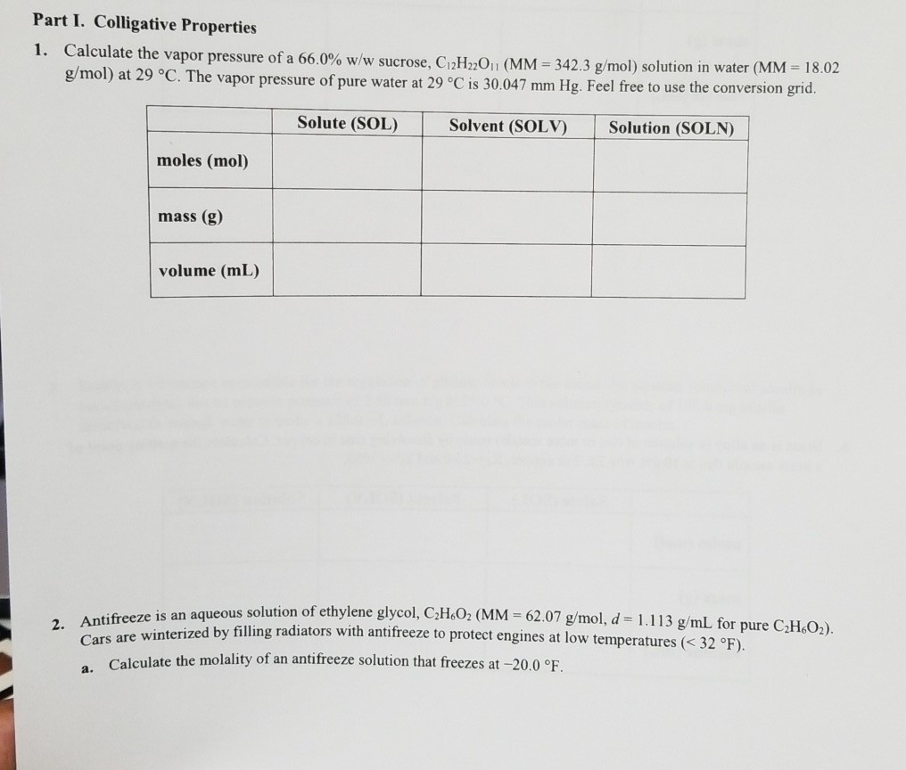 Solved Part I. Colligative Properties 1. Calculate the vapor | Chegg.com