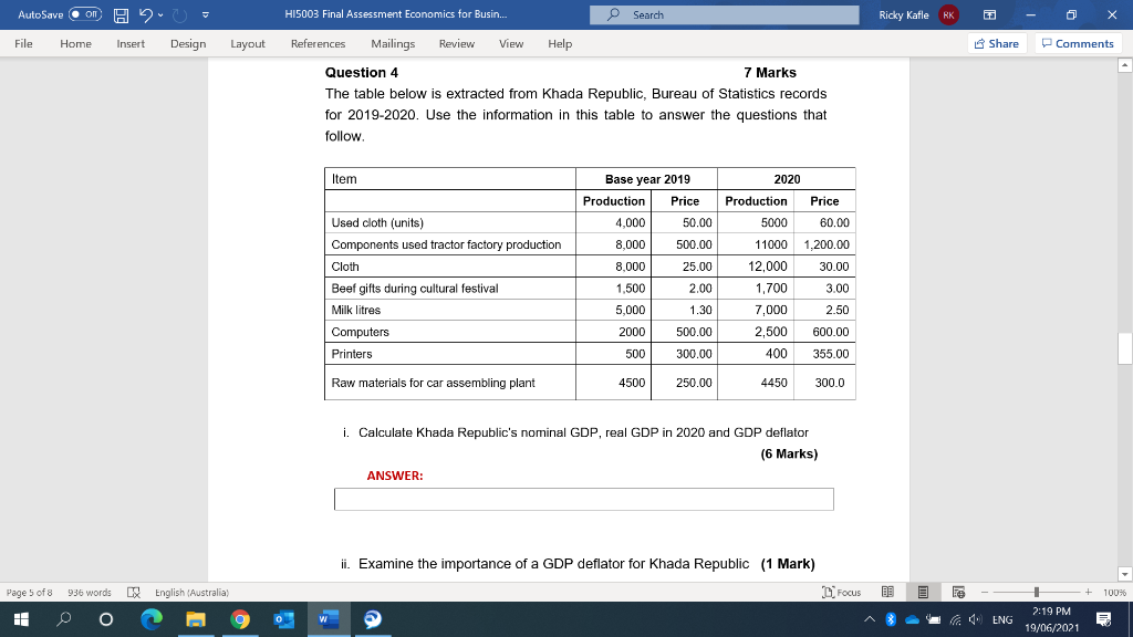 Solved AutoSave on on H 2 HIS003 Final Assessment Economics | Chegg.com