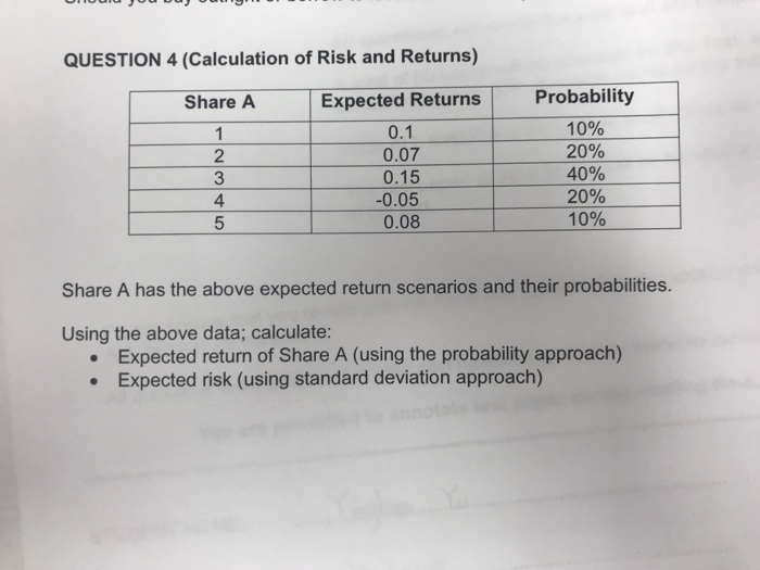Solved QUESTION 4 (Calculation of Risk and Returns) | Chegg.com