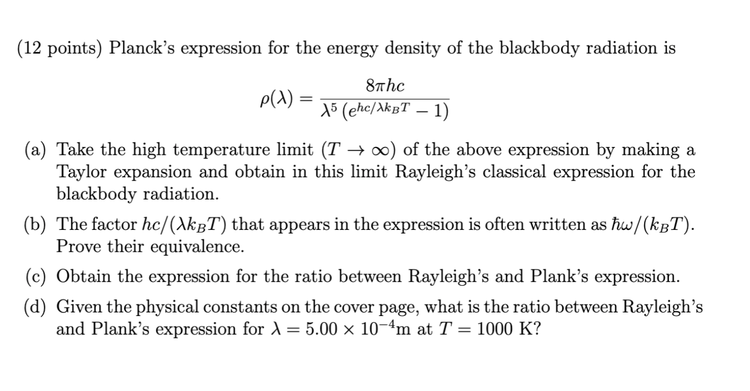 Solved (12 points) Planck's expression for the energy | Chegg.com