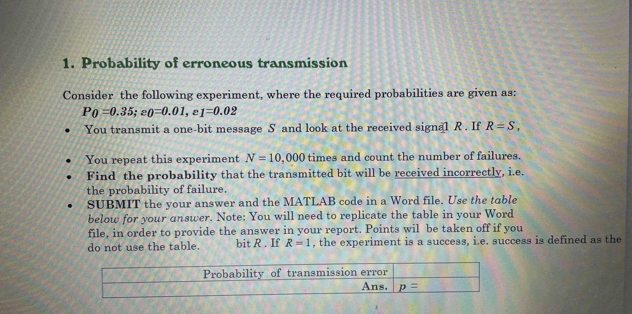 Solved 1. Probability of erroneous transmission Consider the | Chegg.com
