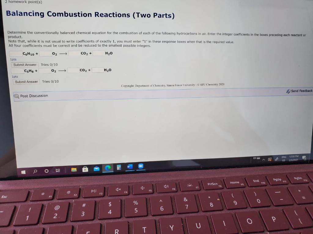 Solved 2 homework points) Balancing Combustion Reactions | Chegg.com