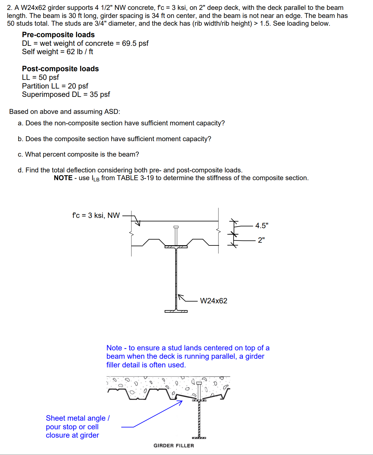 Solved 2. A W24x62 girder supports 41/2 " NW concrete, f'c = | Chegg.com