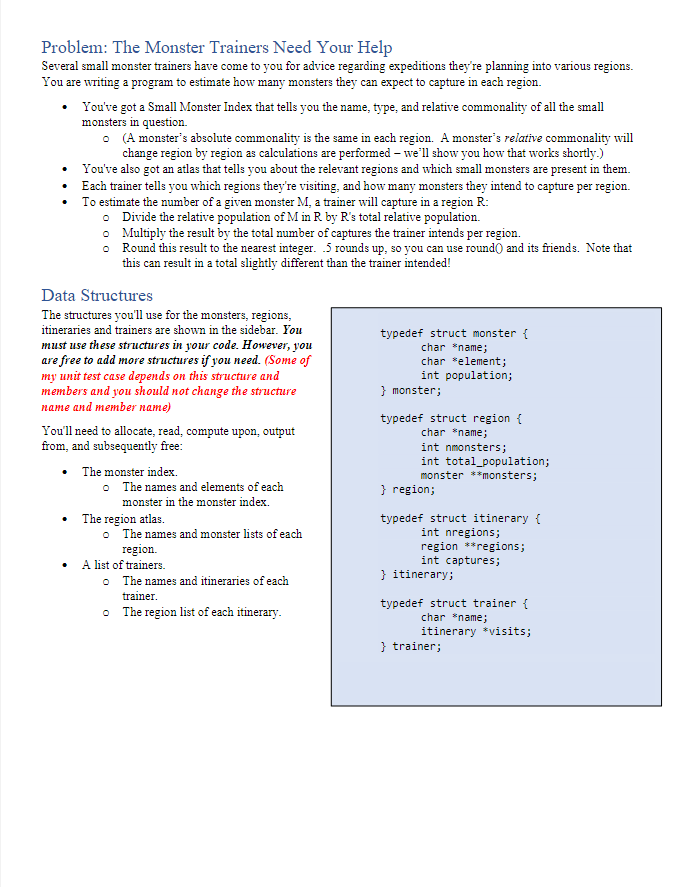 Solved Problem: The Monster Trainers Need Your Help Several | Chegg.com