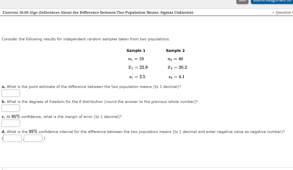 Solved Exercise 10.09 Algo (Inferences About the Difference | Chegg.com