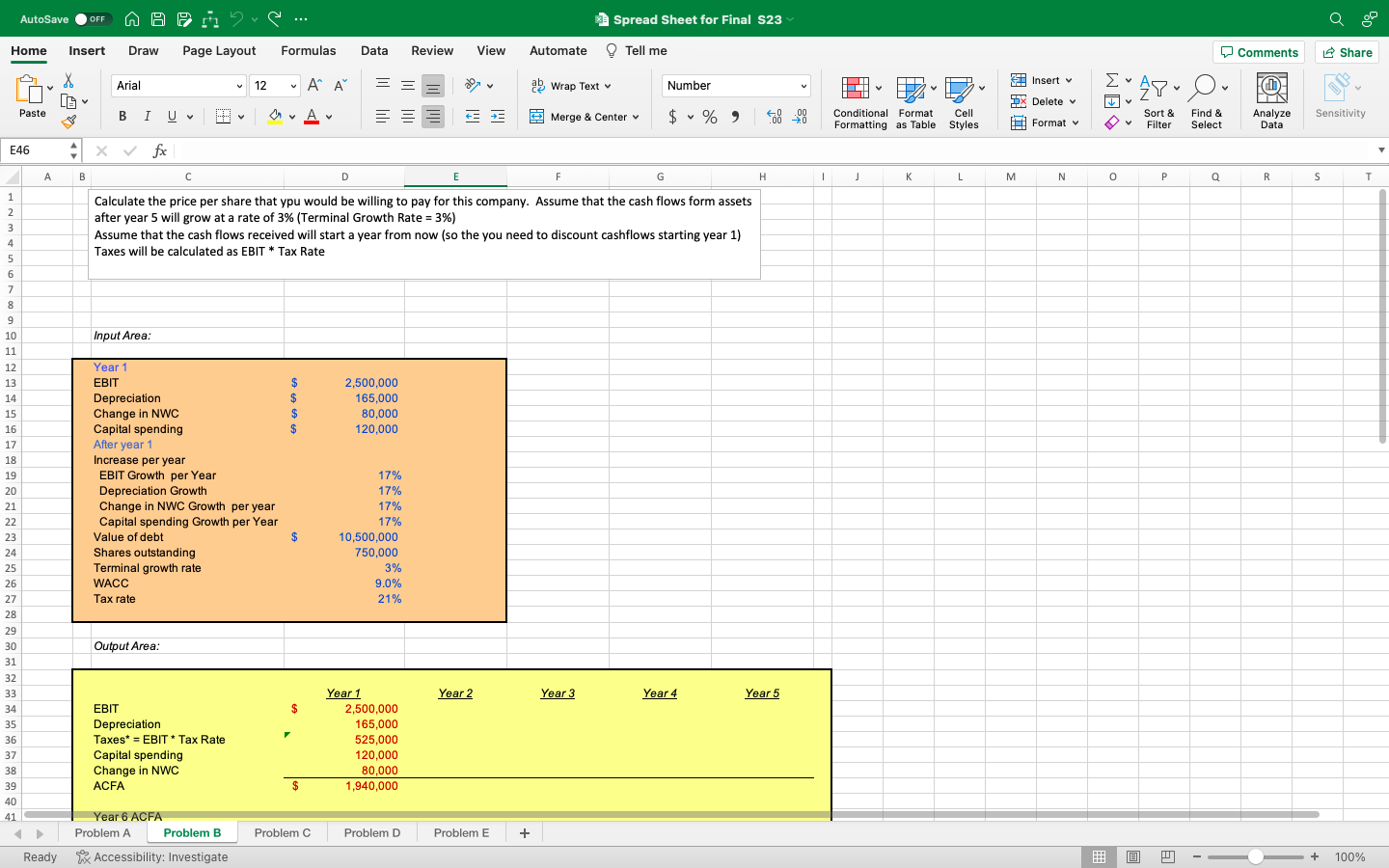 Solved AutoSave Spread Sheet for Final S23 Home Insert Draw | Chegg.com