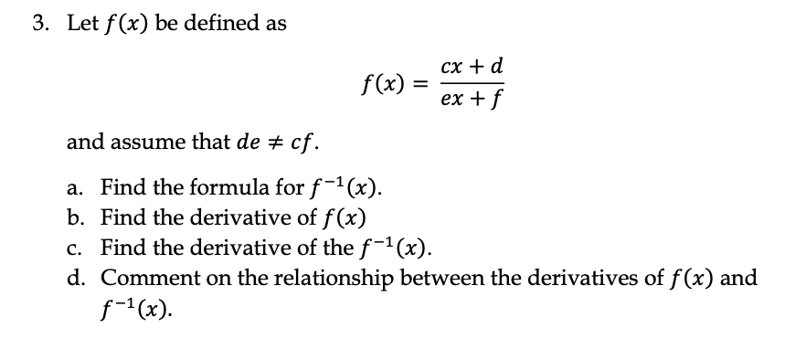 Solved 3. Let f(x) be defined as f(x)=ex+fcx+d and assume | Chegg.com
