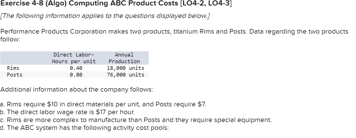 Solved Exercise 4-8 (Algo) Computing ABC Product Costs | Chegg.com Solved Exercise 4-8 (Algo) Computing ABC Product Costs | Chegg.com