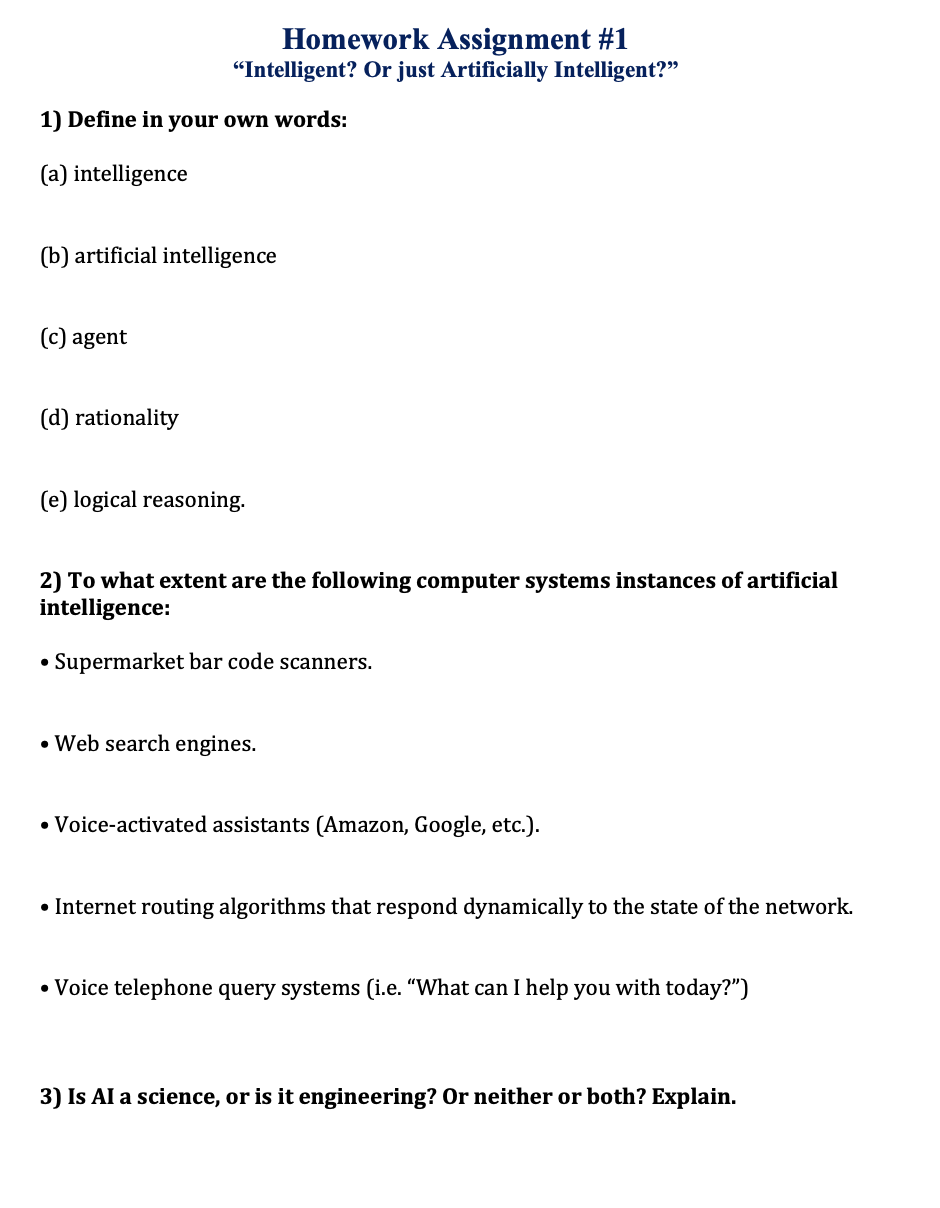 Solved Homework Assignment #1 "Intelligent? Or just | Chegg.com