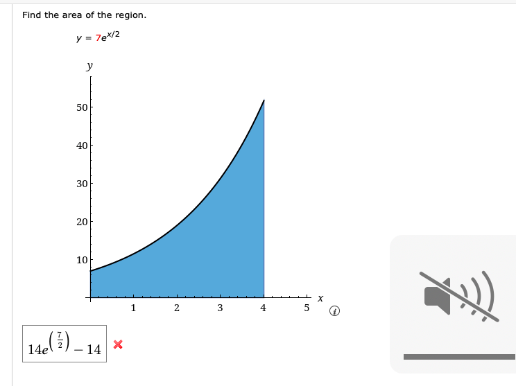 Solved Find the area of the region. y=7ex/2 | Chegg.com