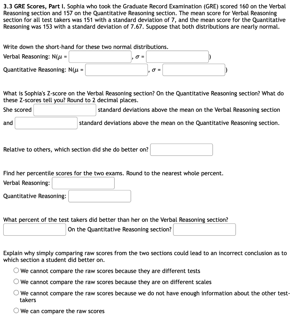 Solved 3.3 GRE Scores, Part I. Sophia who took the Graduate | Chegg.com