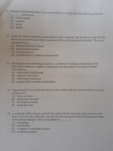 Solved 21. Interpersonal determinants of consumer behavior | Chegg.com