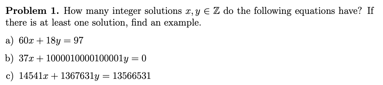 Solved Problem 1. How many integer solutions x,y E Z do the | Chegg.com