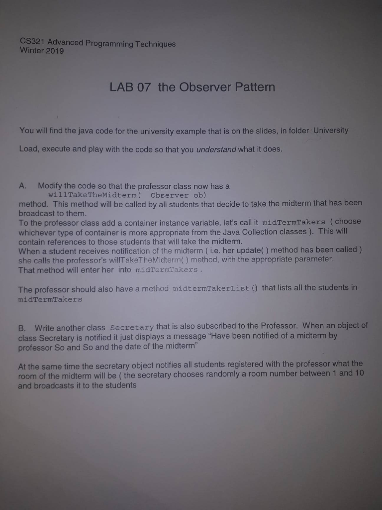 CS321 Advanced Programming Techniques Winter 2019 LAB | Chegg.com