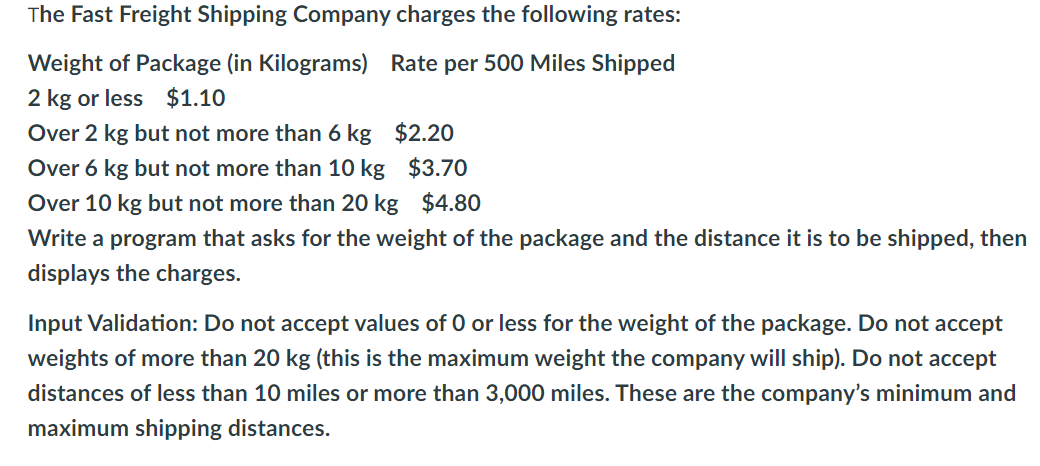 Solved The Fast Freight Shipping Company charges the | Chegg.com