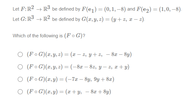 Solved Let F:R2 + R3 be defined by F(eu) = (0,1,–8) and | Chegg.com