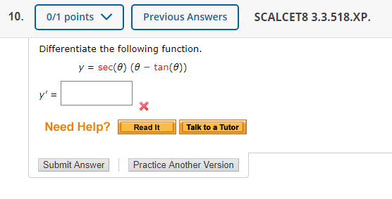 Solved 1/2 points v Previous Answers SCALCET8 3.3.009.MI.SA. | Chegg.com